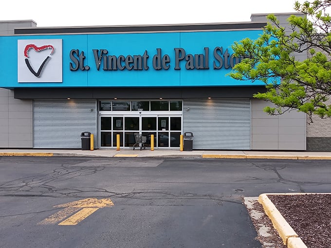 That bright blue storefront practically shouts "come find your next favorite treasure inside!"