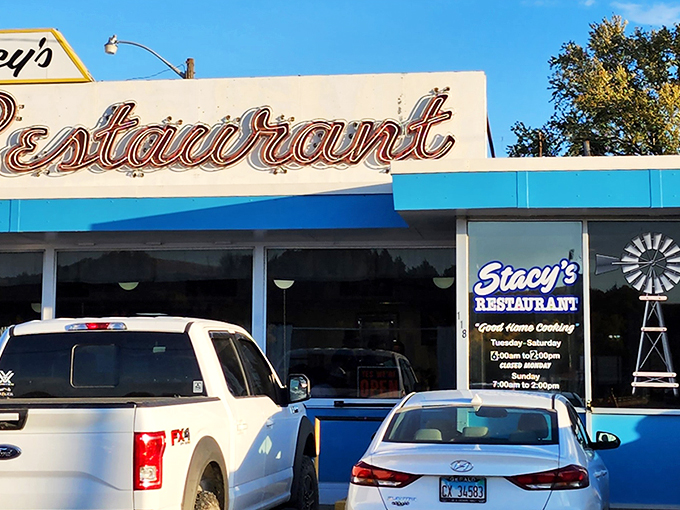 Stacy's Restaurant stands proud with its classic blue trim and vintage "Restaurant" sign. Small-town charm with big-time flavor awaits inside!