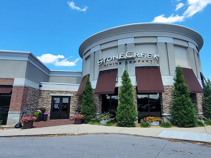 Stone Creek's elegant curved exterior promises what's inside: a steakhouse experience that's both fancy and friendly.