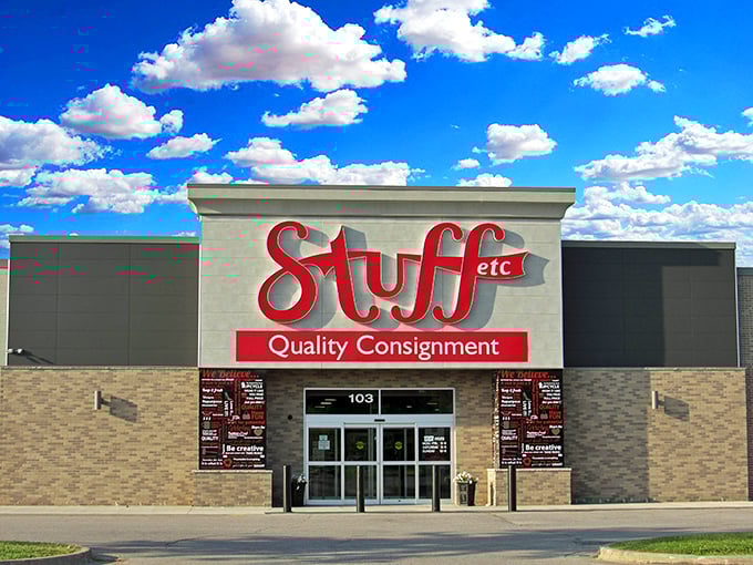 The bold red "Stuff Etc" sign promises treasure hunting without the chaos. Quality consignment awaits behind those doors!
