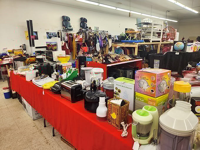 Tables overflow with treasures like a garage sale that hit the lottery jackpot.