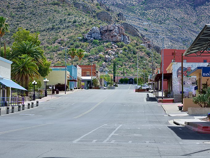 Superior's main street offers a glimpse into Arizona's mining past with colorful storefronts set against dramatic mountain backdrops.