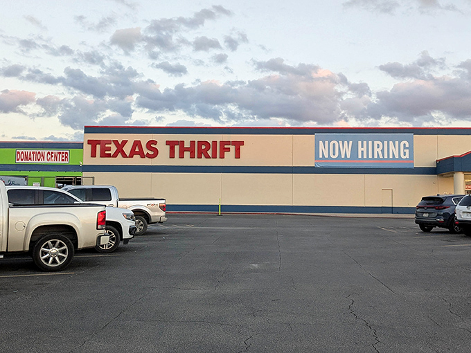 The Texas Thrift sign beckons like a siren call to bargain hunters. This isn't just shopping&mdash;it's a treasure expedition with air conditioning!