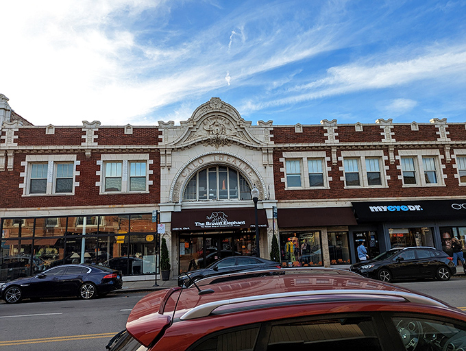 The Brown Elephant's historic theater facade stands like a grand entrance to treasure hunting. Bargain royalty holding court in Andersonville!