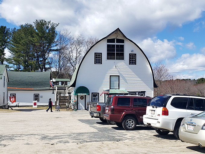 That classic white barn exterior promises treasures inside - like a Norman Rockwell painting with better shopping opportunities.