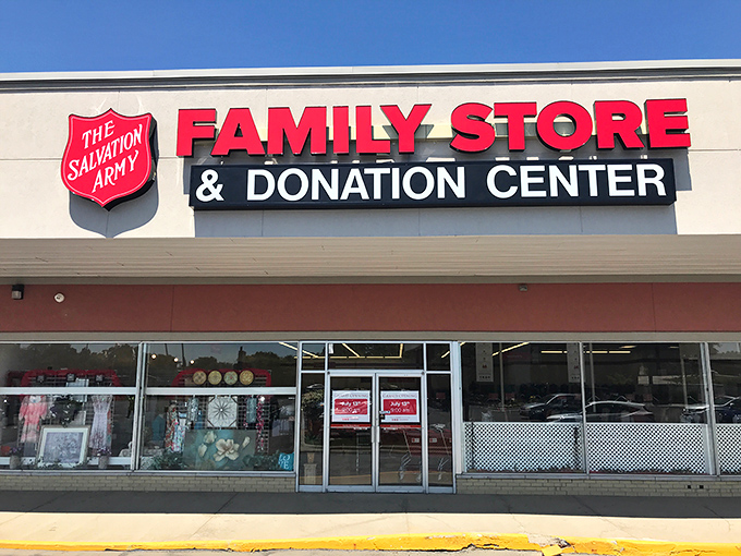 The red shield promises treasures within - where community spirit meets bargain hunting bliss.