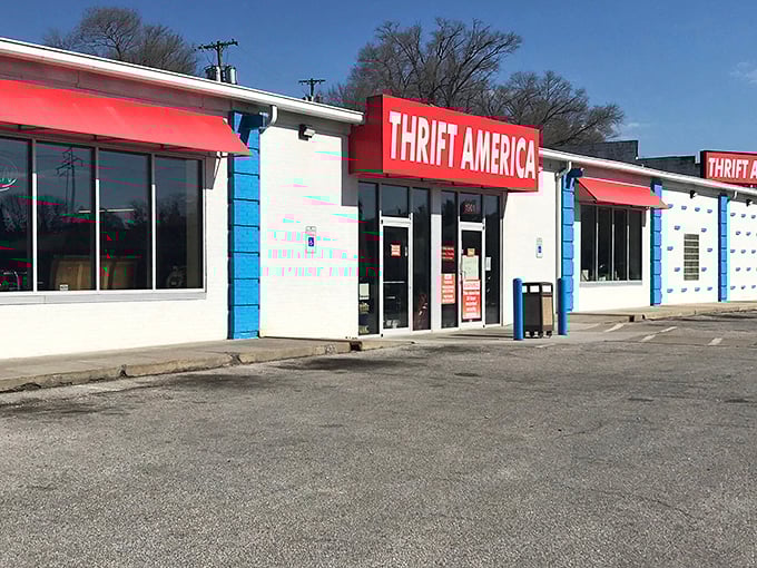The red and blue exterior of Thrift America beckons like a patriotic treasure chest waiting to be opened.