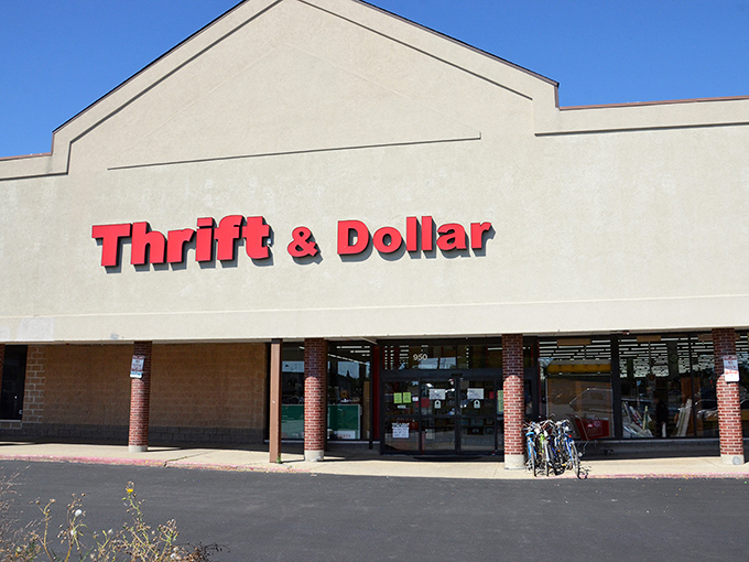 That red and white storefront promises treasures inside - like a beacon for bargain hunters everywhere.