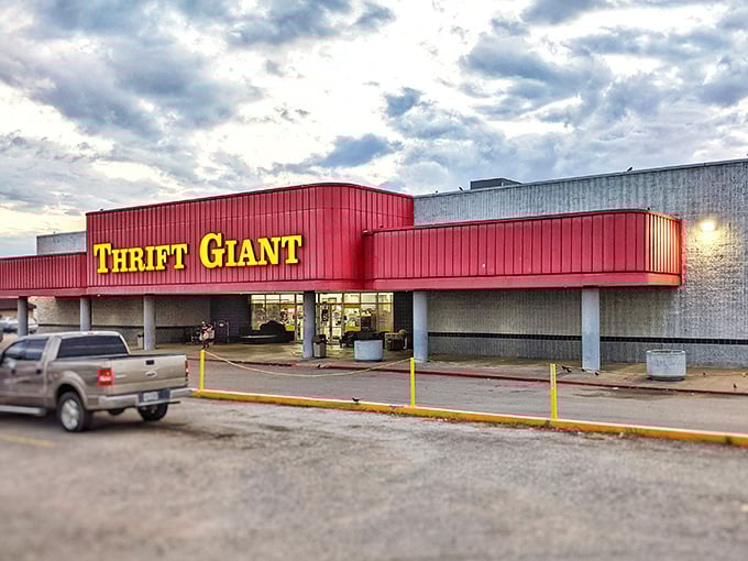 The iconic red storefront of Thrift Giant in Irving beckons like a beacon of bargain possibilities.