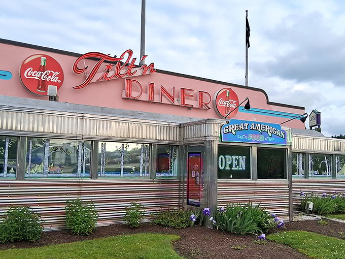 Classic chrome and neon glory - this diner's exterior promises the kind of comfort food that never goes out of style.