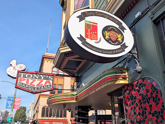 Tony's Pizza Napoletana's iconic storefront sign promises pizza paradise. The International School of Pizza isn't kidding around!