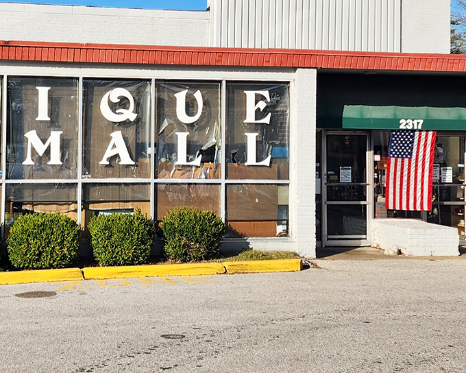The welcoming storefront of Treasure Isle Antique Mall, where the American flag promises patriotic bargains inside!