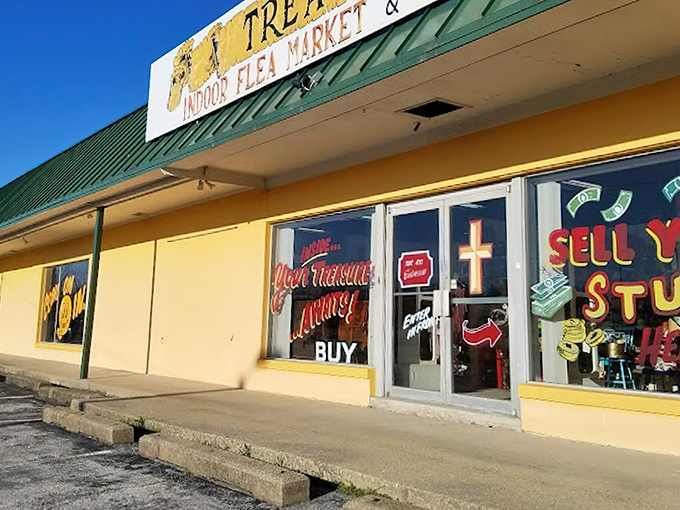 The yellow sign beckons like a lighthouse for treasure hunters. Treasures Indoor Flea Market promises adventures in bargain hunting!
