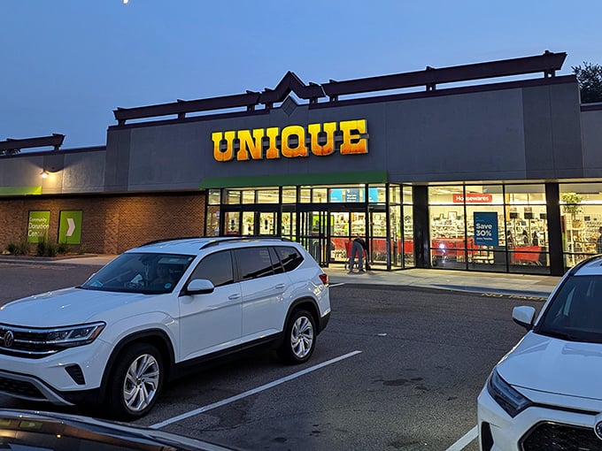 That golden "UNIQUE" sign beckons like a treasure map - adventure awaits inside this thrift wonderland.