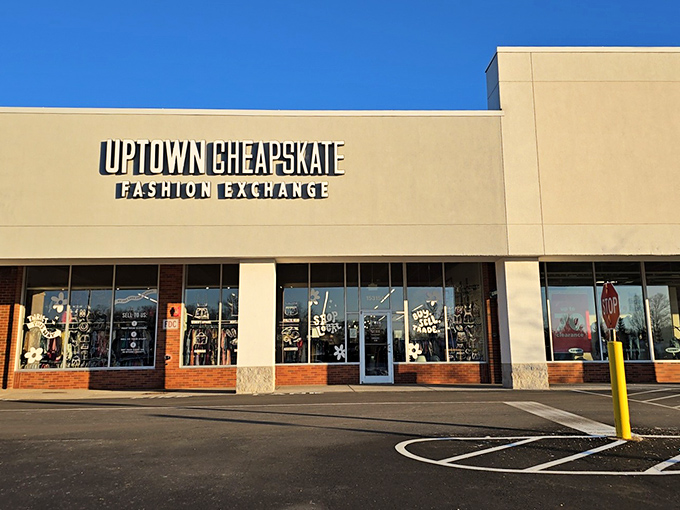 Uptown Cheapskate's sleek storefront promises treasure hunting with style. Like a fashion safari where the prey is designer labels!