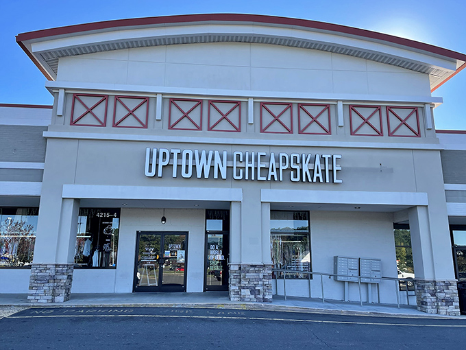 The sleek storefront of Uptown Cheapskate Durham promises treasure hunting without the musty thrift store experience.