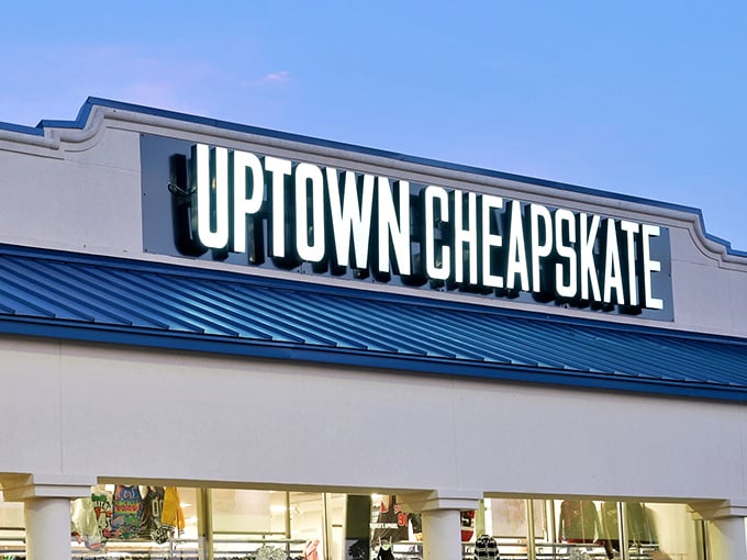 Uptown Cheapskate's bright blue sign promises treasure hunting that won't empty your wallet. Fashion recycling at its finest!