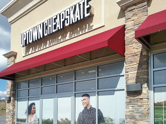 The sleek storefront of Uptown Cheapskate beckons with its modern design. Fashion treasure hunters will find name brands without the name brand prices!