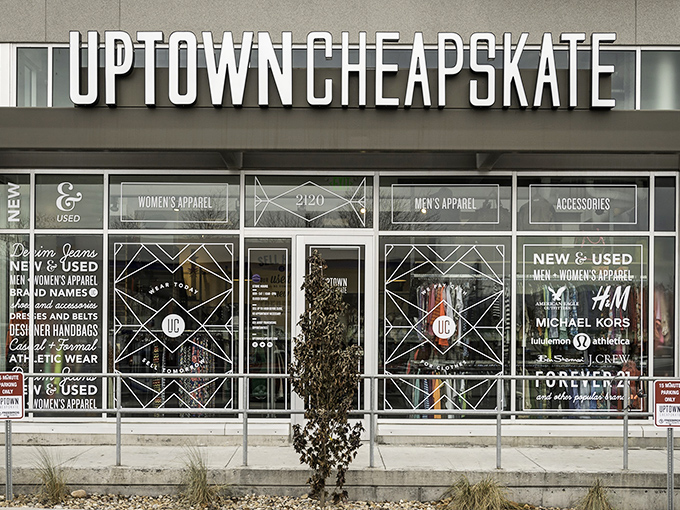 The storefront that launched a thousand style revivals. Uptown Cheapskate's sleek exterior promises treasure hunting without the musty thrift store experience.