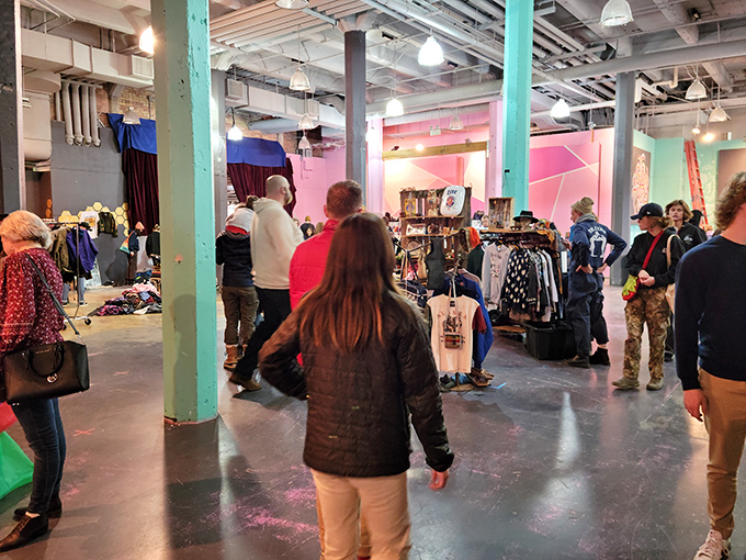 Treasure hunters unite in this warehouse wonderland where vintage dreams come alive under industrial lights.