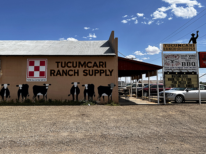 Watson's BBQ exterior looks like a ranch supply store, but those cow silhouettes are actually signaling "amazing brisket ahead!"
