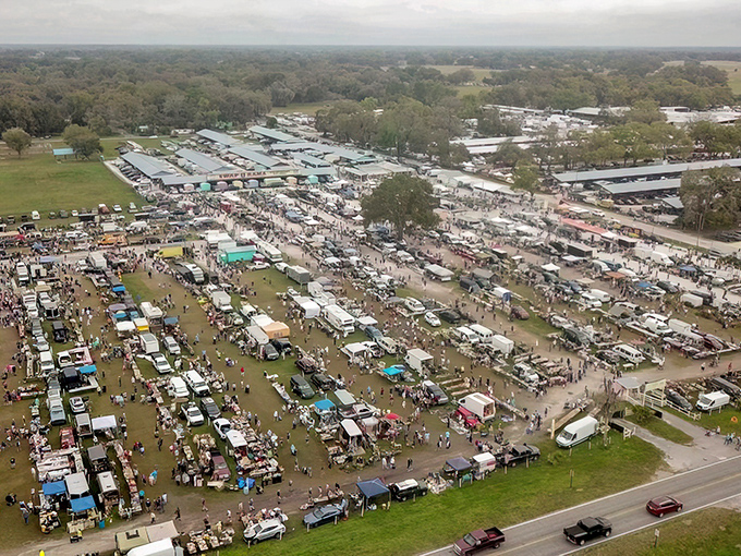 Aerial treasure hunting! Webster's flea market sprawls like a small city where bargain hunters gather by the hundreds.
