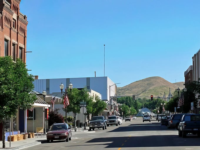 Weiser's charming main street looks like a movie set where the prices stayed in the 1990s. American flags and historic buildings create small-town magic.