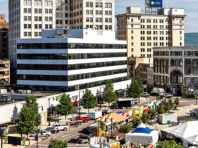 Downtown Wilkes-Barre comes alive with market day! Historic buildings frame a vibrant street scene where locals gather.