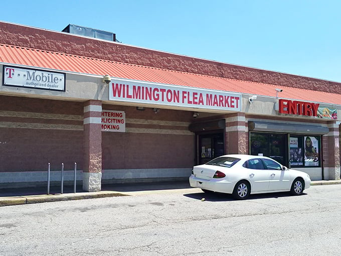 The unassuming entrance to Wilmington Flea Market - where treasures hide behind that humble storefront like diamonds in the rough.