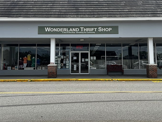 That classic storefront charm says "come on in" &ndash; Wonderland Thrift's glass windows reveal treasures waiting inside.