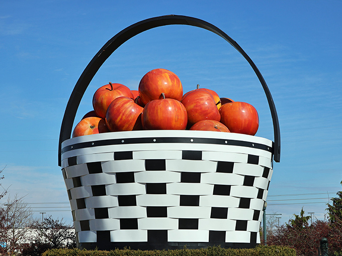 The world's largest apple basket stands proudly against a blue Ohio sky, proving everything really is bigger in the Midwest!