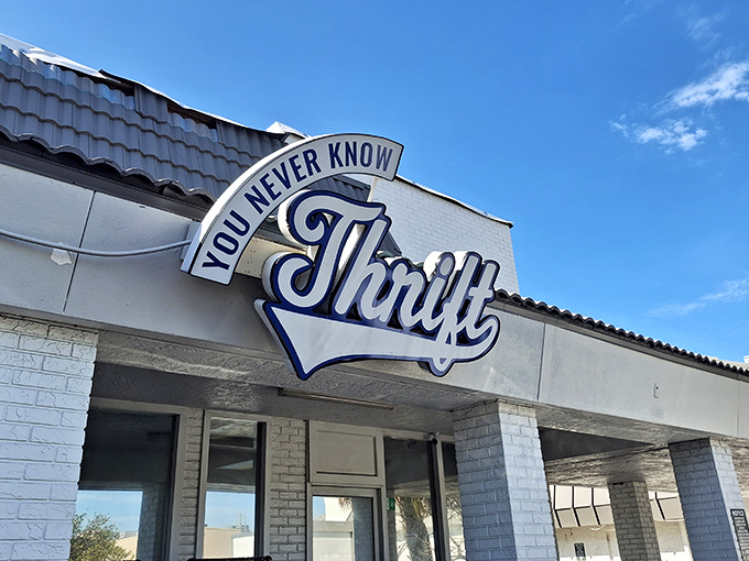 "You Never Know Thrift" lives up to its name&mdash;this blue and white facade hides treasures that would make Marie Kondo both delighted and overwhelmed.
