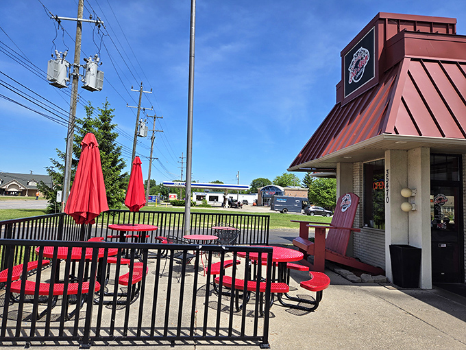 Red picnic tables outside Anchor Bay promise the kind of outdoor dining where calories don't count and coffee refills are endless.