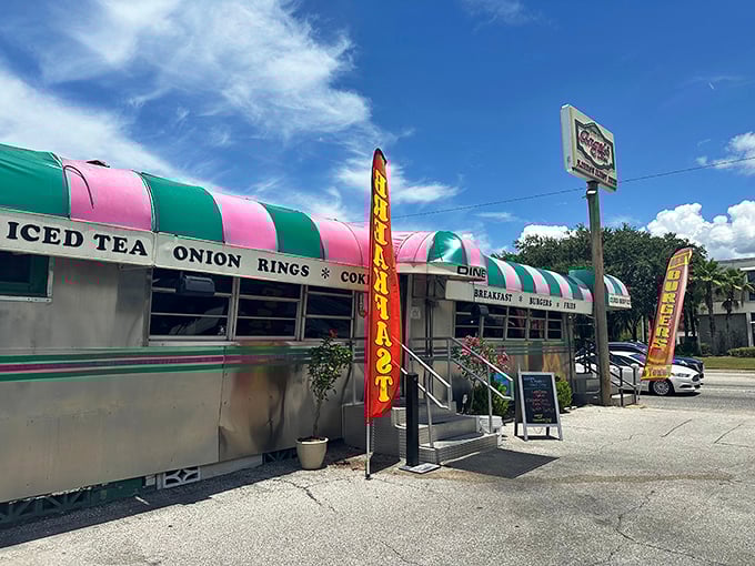 Breakfast flags flying high outside this vintage railcar diner&mdash;where the pancakes are as nostalgic as the chrome fixtures.