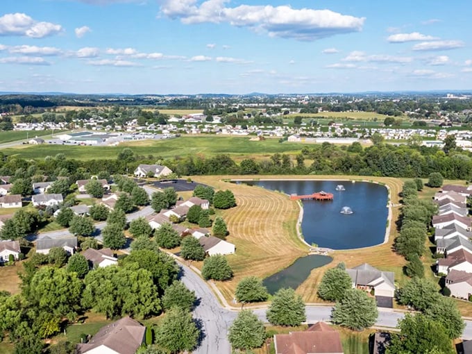 A bird's-eye view reveals Arbor Gate's secret weapon: a glistening pond that's like nature's mood ring in the middle of affordable retirement bliss.