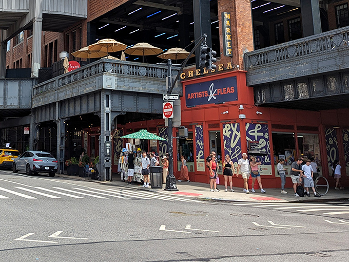 Summer crowds gather outside Artists & Fleas Chelsea, the mothership of Manhattan's handcrafted universe. Even the sidewalk buzzes with creative energy.