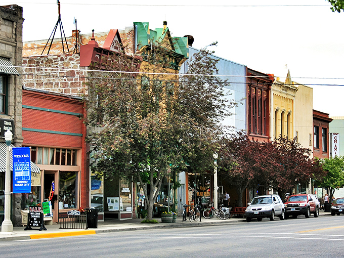 Colorful storefronts line Baker City's main street, where history and small-town living blend perfectly. Norman Rockwell would approve!