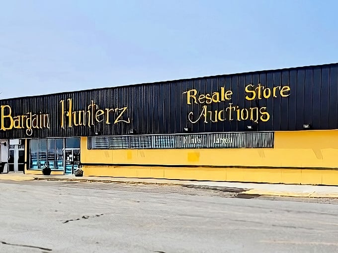 The yellow accent wall adds sunshine to your shopping day, while "Resale Store Auctions" promises even deeper deals.
