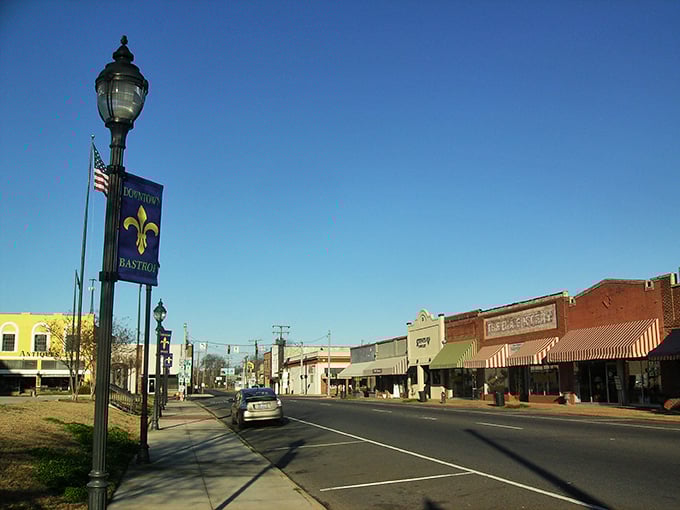 Purple banners and historic storefronts create a welcoming Main Street atmosphere that feels like home.