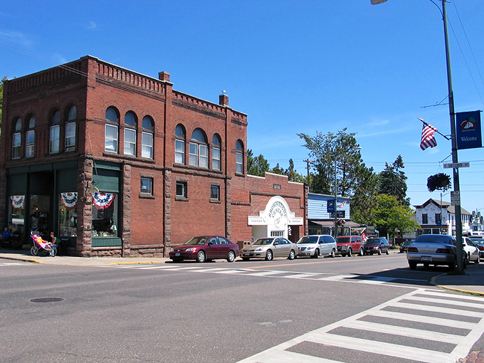 Historic brick buildings line Bayfield's waterfront district, where Lake Superior's breeze carries whispers of maritime tales.