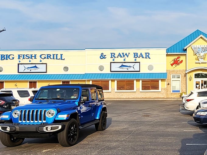 Blue skies and blue-trimmed windows &ndash; Big Fish Grill's welcoming facade is the gateway to seafood paradise.