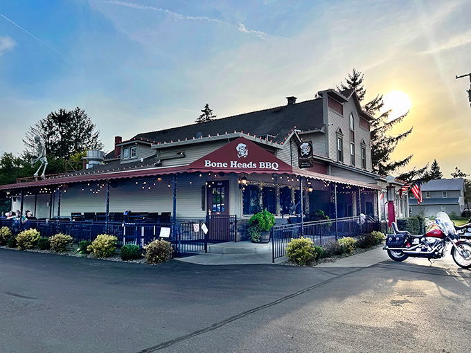 Evening glow transforms this neighborhood gem into a twinkling barbecue paradise worth the drive.