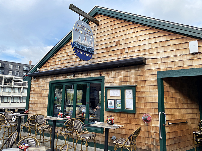 Boston Sail Loft: That blue and white sign promises seafood paradise. The outdoor tables whisper, "Stay awhile and watch the boats go by."