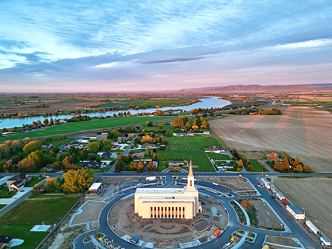The Snake River curves through farmland near Burley, painting the landscape in shades of green and blue.