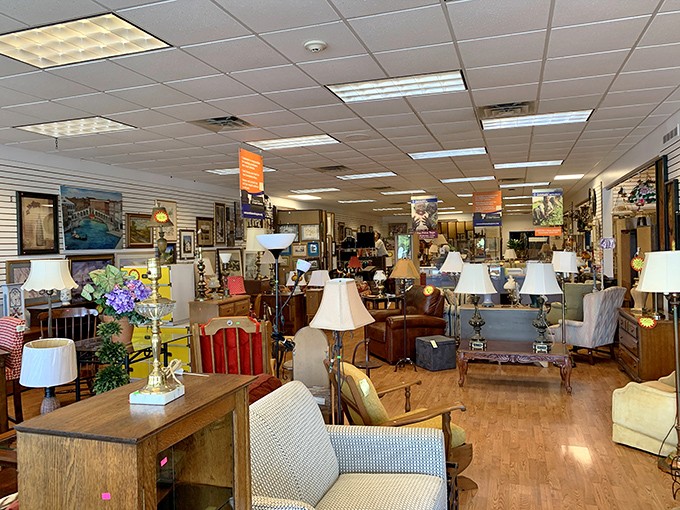 Care & Share interior: "Lamp lovers, rejoice! This furniture section could furnish an entire neighborhood with its treasure trove of pre-loved pieces."