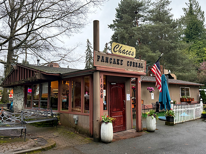 Morning sunshine bathes this beloved Bellevue institution where pancake dreams have come true for generations of locals.
