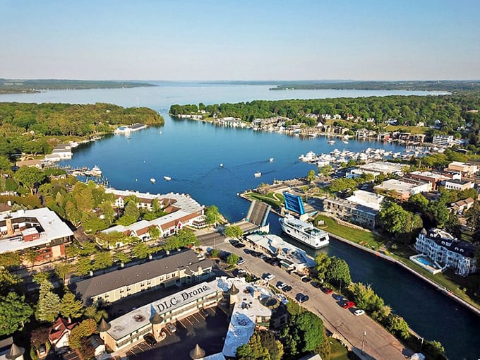 Where Lake Michigan meets Lake Charlevoix, boats float peacefully like they've got nowhere important to be.