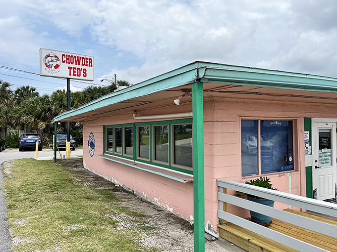 The pink and green color scheme might scream "1950s Florida motel," but Chowder Ted's sign promises what locals already know&mdash;this is chowder paradise, no fancy frills required.