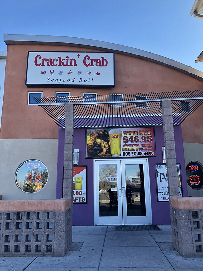 Seafood boil family packs that could feed a small fishing village. Crackin' Crab's colorful storefront promises treasures inside!