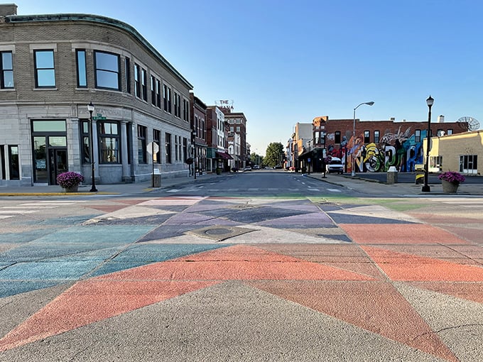 Step onto Creston's kaleidoscope crossroads! Like a Midwestern Mondrian painting beneath your feet, this colorful intersection proves affordable towns don't skimp on artistic flair.